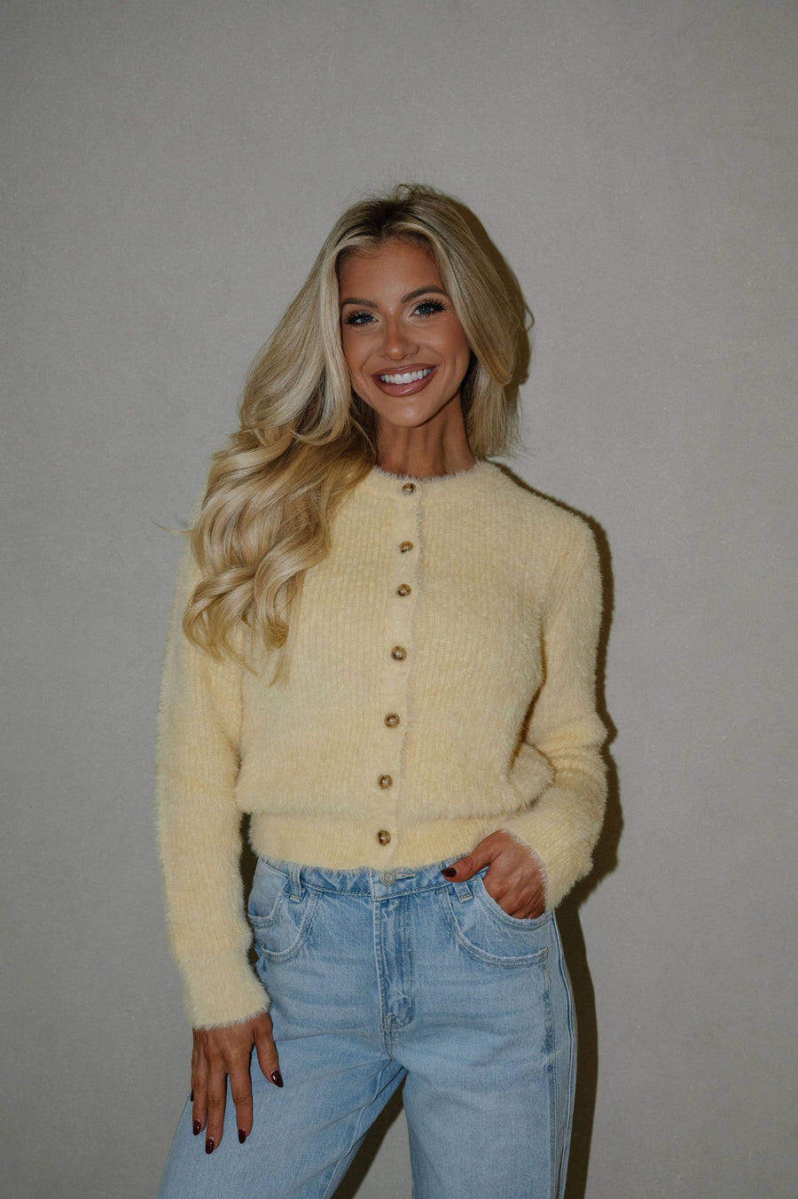 Quinn Fuzzy Cardigan-Butter Yellow